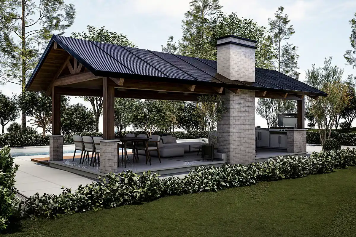 Contemporary Pool House with Outdoor Kitchen and Fireplace - 532 Sq Ft ...